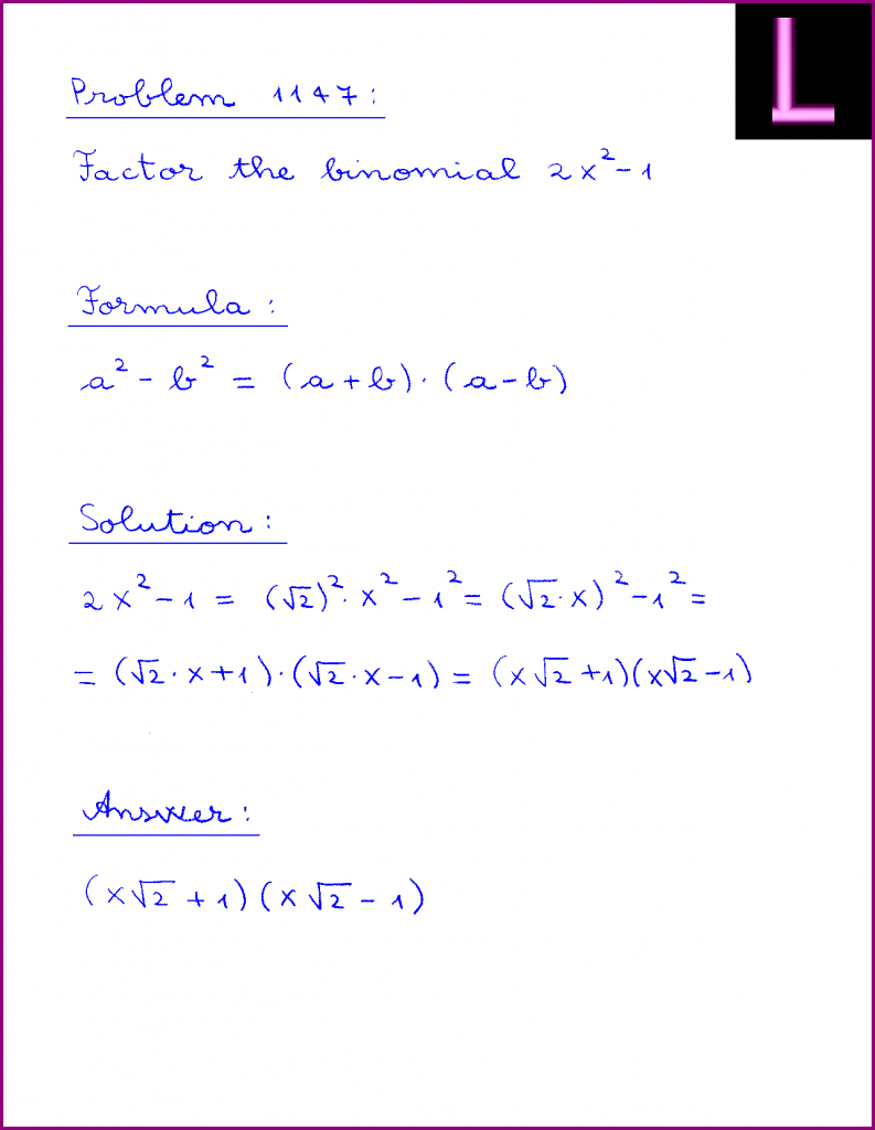 Problem 1147: Factor the binomial 2X^2 – 1 – LUNLUN.COM
