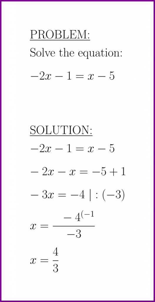 Solve -2x-1=x-5 (first degree equation) (problem with solution ...