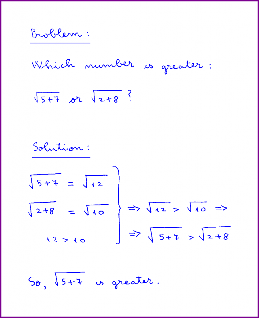 Which number is greater, square root of (5+7) or square root of (2+8 ...
