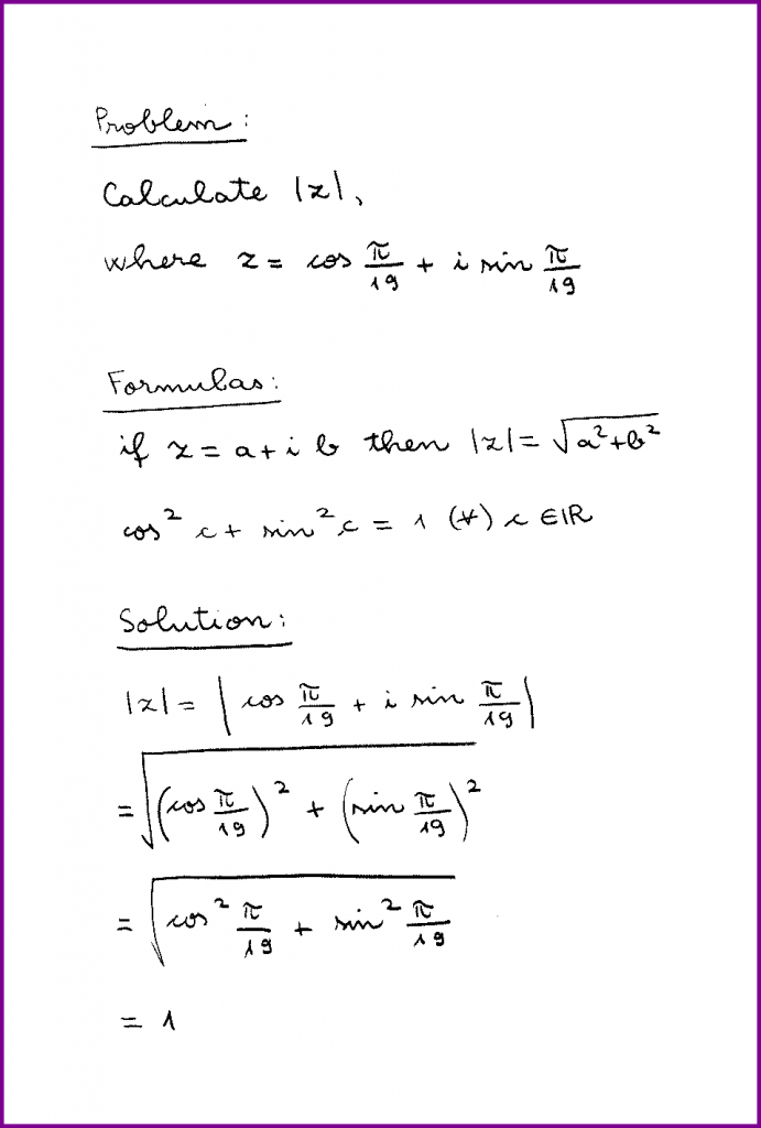 Calculate modulus of cos PI/19 + i sin PI/19 (modulus of a complex ...